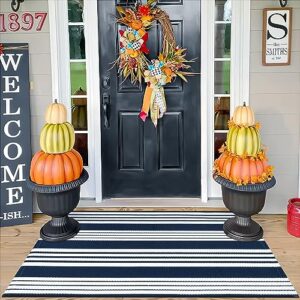 OJIA Blue and White Outdoor Rug 3’x 5‘ Cotton Hand Woven Striped Front Porch Rug Machine Washable Indoor Outdoor Rugs Farmhouse Layered Door Mat for Entryway/Kitchen/Laundry/Living Room/Bathroom