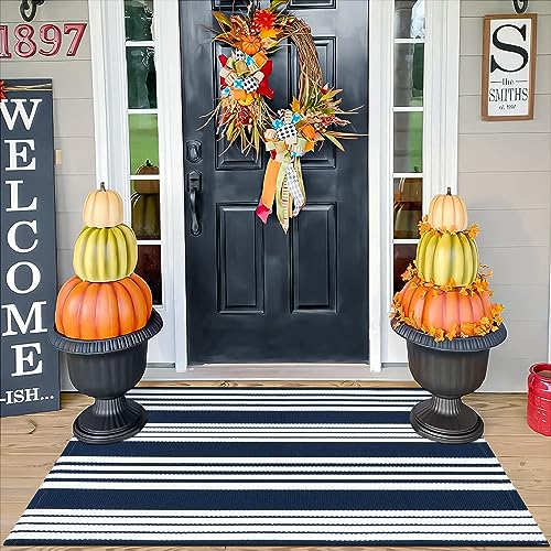 OJIA Blue and White Outdoor Rug 3’x 5‘ Cotton Hand Woven Striped Front Porch Rug Machine Washable Indoor Outdoor Rugs Farmhouse Layered Door Mat for Entryway/Kitchen/Laundry/Living Room/Bathroom