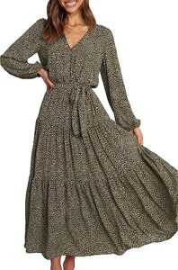 prettygarden women's long sleeve v neck leopard print ruffle maxi dress tie waist boho chiffon flowy long dress (green, small)