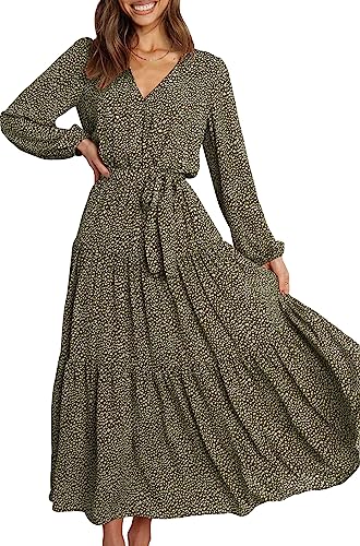 PRETTYGARDEN Women's Long Sleeve V Neck Leopard Print Ruffle Maxi Dress Tie Waist Boho Chiffon Flowy Long Dress (Green, Small)