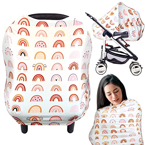 Boao Stretchy Baby Car Seat Cover Baby Car Seat Canopy Nursing Cover Carseat Canopy for Babies Breastfeeding and Car Seat Multi Use Shopping Cart High Chair Cover (Rainbow Style)