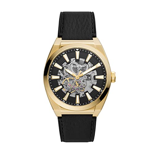 Fossil Men's Everett Automatic Stainless Steel and Eco Leather Three-Hand Watch, Color: Gold, Black (Model: ME3208)