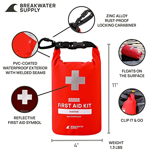 Breakwater Supply™ Waterproof Marine First Aid Kit Boat Safety Tool Kit, 100 Piece AFAK Emergency Supplies in Dry Bag, IFAK Trauma Kit for Kayaking, Jet Ski, Fishing, Surfing, Sailing, Canoeing (Red)