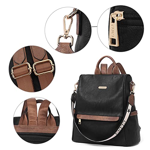 CLUCI Women Backpack Purse Fashion Leather Large Designer Travel Bag Ladies Shoulder Bags Black with Brown