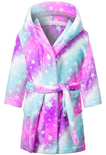 SHUCHENG Little Girls Kids Soft Hooded Robe Galaxy Stars Pattern Sleepwear Fleece Flannel Bathrobes, Fushia, US 16-18 Years, CN L/XL Galaxy Stars-pink