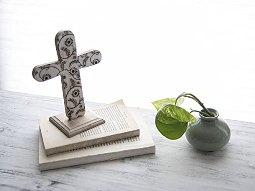 Foreside Home & Garden White Floral Wood Cross Decorative Tabletop Accent