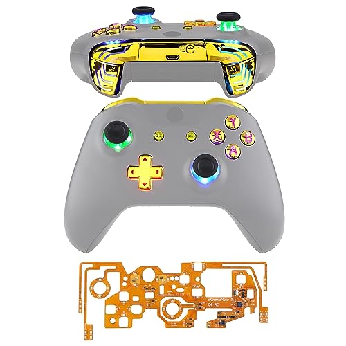 eXtremeRate Multi-Colors Luminated Dpad Thumbsticks Start Back ABXY Action Buttons, Chrome Gold Classical Symbols Buttons DTFS (DTF 2.0) LED Kit for Xbox One S/X Controller - Controller NOT Included