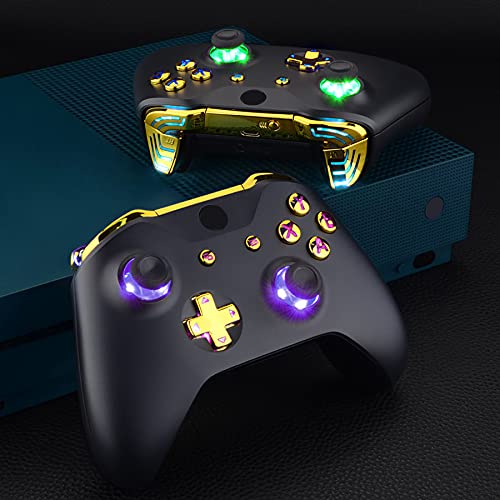 eXtremeRate Multi-Colors Luminated Dpad Thumbsticks Start Back ABXY Action Buttons, Chrome Gold Classical Symbols Buttons DTFS (DTF 2.0) LED Kit for Xbox One S/X Controller - Controller NOT Included