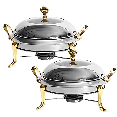 Chafing Dish Set of 2 Pcs Stainless Steel Round Durable Buffet Warmer Tray Durable Frame with Lid and Chafing Fuel Holder for Kitchen Party Dining Buffet-Without Water Pan (2 pack with handle)