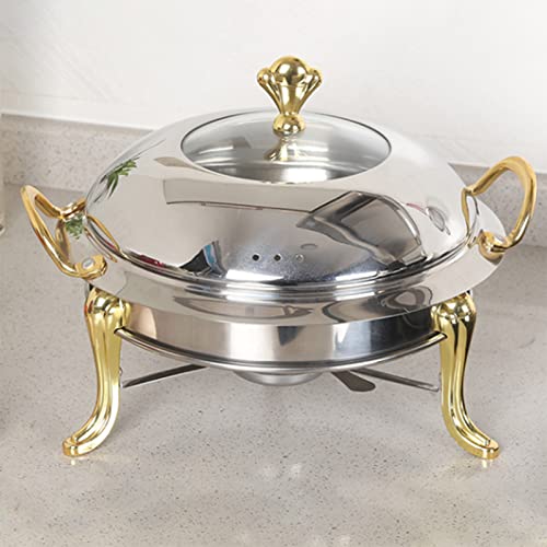 Chafing Dish Set of 2 Pcs Stainless Steel Round Durable Buffet Warmer Tray Durable Frame with Lid and Chafing Fuel Holder for Kitchen Party Dining Buffet-Without Water Pan (2 pack with handle)