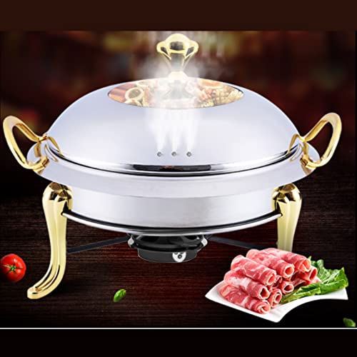 Chafing Dish Set of 2 Pcs Stainless Steel Round Durable Buffet Warmer Tray Durable Frame with Lid and Chafing Fuel Holder for Kitchen Party Dining Buffet-Without Water Pan (2 pack with handle)