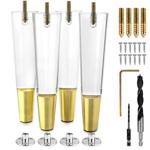 acrylic furniture legs with gold caps - mid century legs for couch, sofa, chair, table, dresser, bed, cabinet - furniture feet are easy to install & include installation hardware - set of 4, 8 inches