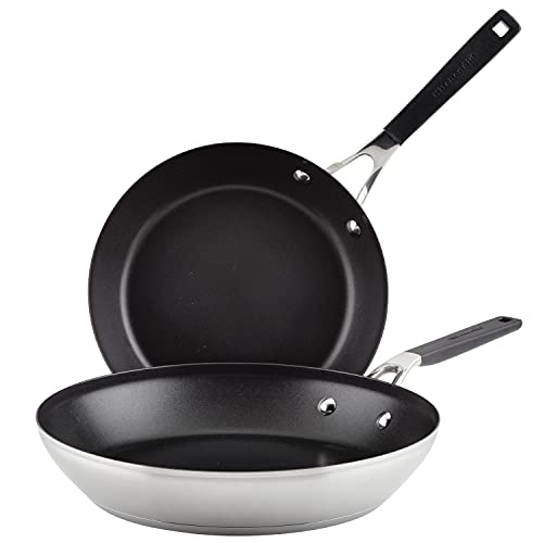 KitchenAid Nonstick Frying Pans/Skillet Set, 2 Piece, Brushed Stainless Steel