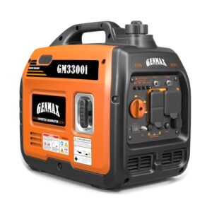 genmax portable inverter generator，3300w ultra-quiet gas engine, epa compliant, eco-mode feature, ultra lightweight for backup home use & camping (gm3300i)