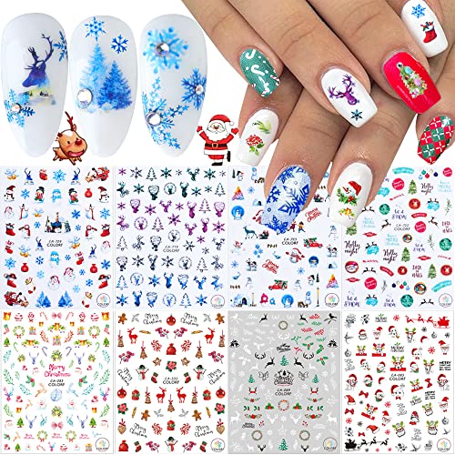 Christmas Nail Stickers, 8 Sheets Christmas Nail Art Decals Snowflakes Snowman Santa Claus Reindeer Christmas Tree Bell Xmas Nail Design 3D Self-Adhesive Holographic Winter Nail Decals for Women Girls