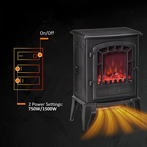 HOMCOM 22" Free Standing Electric Fireplace Stove, Fireplace Heater with Realistic Flame Effect, Overheat Safety Protection, 750W / 1500W, Black