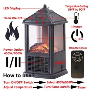 Portable Little Small Electric Fireplaces Space Heaters for Indoor Use Freestanding Bedroom Mini Electric Space Fireplace Heaters Stove with Flame Thermostat Timer Remote Control Overheat Protection