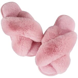 women pink fuzzy fluffy slippers-ankis soft cozy plush fuzzy slippers faux rabbit fur memory foam furry open toe breathable fuzzy slippers bedroom warm comfy cross band slippers for women house indoor