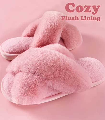 Women Pink Fuzzy Fluffy Slippers-Ankis Soft Cozy Plush Fuzzy Slippers Faux Rabbit Fur Memory Foam Furry Open Toe Breathable Fuzzy Slippers Bedroom Warm Comfy Cross Band Slippers for Women House Indoor