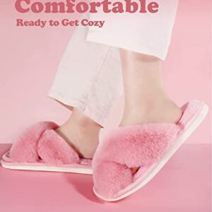 Women Pink Fuzzy Fluffy Slippers-Ankis Soft Cozy Plush Fuzzy Slippers Faux Rabbit Fur Memory Foam Furry Open Toe Breathable Fuzzy Slippers Bedroom Warm Comfy Cross Band Slippers for Women House Indoor