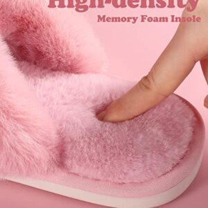 Women Pink Fuzzy Fluffy Slippers-Ankis Soft Cozy Plush Fuzzy Slippers Faux Rabbit Fur Memory Foam Furry Open Toe Breathable Fuzzy Slippers Bedroom Warm Comfy Cross Band Slippers for Women House Indoor