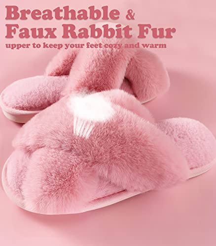 Women Pink Fuzzy Fluffy Slippers-Ankis Soft Cozy Plush Fuzzy Slippers Faux Rabbit Fur Memory Foam Furry Open Toe Breathable Fuzzy Slippers Bedroom Warm Comfy Cross Band Slippers for Women House Indoor