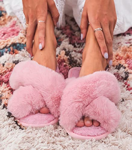 Women Pink Fuzzy Fluffy Slippers-Ankis Soft Cozy Plush Fuzzy Slippers Faux Rabbit Fur Memory Foam Furry Open Toe Breathable Fuzzy Slippers Bedroom Warm Comfy Cross Band Slippers for Women House Indoor