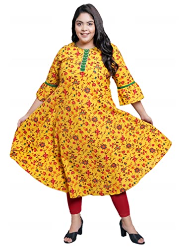 Yash Gallery Women's Plus Size Cotton Floral Print Anarkali kurta (Mustard Yellow)