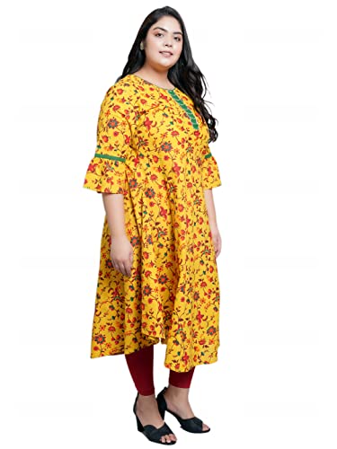 Yash Gallery Women's Plus Size Cotton Floral Print Anarkali kurta (Mustard Yellow)