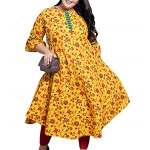 Yash Gallery Women's Plus Size Cotton Floral Print Anarkali kurta (Mustard Yellow)