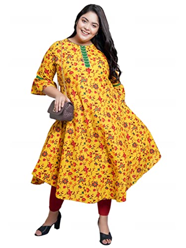 Yash Gallery Women's Plus Size Cotton Floral Print Anarkali kurta (Mustard Yellow)