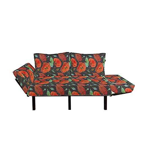 Lunarable Floral Futon Couch, Drawing Poppy Flower Wooden Background Repeating Pattern, Daybed with Metal Frame Upholstered Sofa for Living Dorm, Loveseat, Vermilion Pale Eggplant