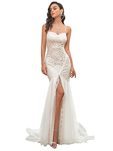 Ever-Pretty Womens Open Back Lace Floor Length Bridal Dress with Long Lace Trian White US6