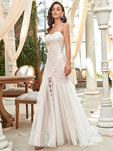 Ever-Pretty Womens Open Back Lace Floor Length Bridal Dress with Long Lace Trian White US6