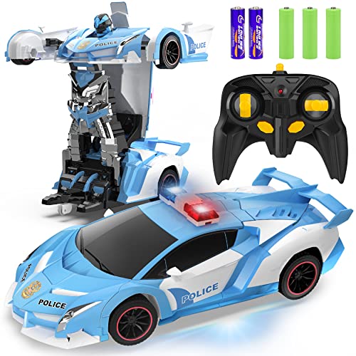 FDJ RC Cars - Transform Remote Control Car, 2.4Ghz 1:18 Scale Transforming Police Car Toy with Flashing Light, One Button Deformation 360 Degree Rotating Drifting Kids Toys Car for Boys Age 4-7 8-12