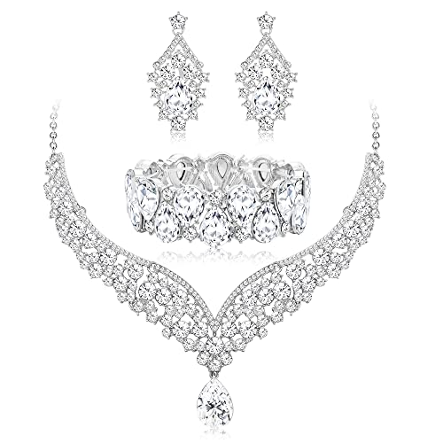 IRONBOX Crystal Wedding Bridal Jewelry Set for Women Prom Sliver Rhinestone Teardrop Necklace Earrings Bracelet Wedding Bridesmaid Gifts Fit with Wedding Dress