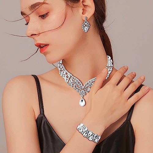 IRONBOX Crystal Wedding Bridal Jewelry Set for Women Prom Sliver Rhinestone Teardrop Necklace Earrings Bracelet Wedding Bridesmaid Gifts Fit with Wedding Dress