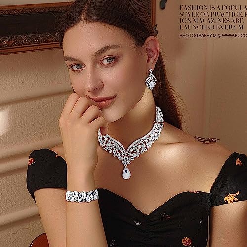 IRONBOX Crystal Wedding Bridal Jewelry Set for Women Prom Sliver Rhinestone Teardrop Necklace Earrings Bracelet Wedding Bridesmaid Gifts Fit with Wedding Dress