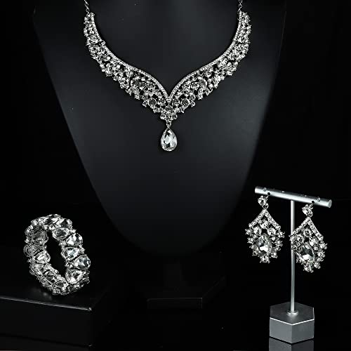 IRONBOX Crystal Wedding Bridal Jewelry Set for Women Prom Sliver Rhinestone Teardrop Necklace Earrings Bracelet Wedding Bridesmaid Gifts Fit with Wedding Dress