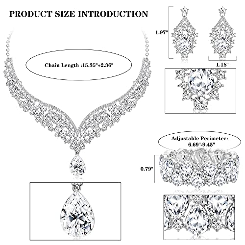 IRONBOX Crystal Wedding Bridal Jewelry Set for Women Prom Sliver Rhinestone Teardrop Necklace Earrings Bracelet Wedding Bridesmaid Gifts Fit with Wedding Dress