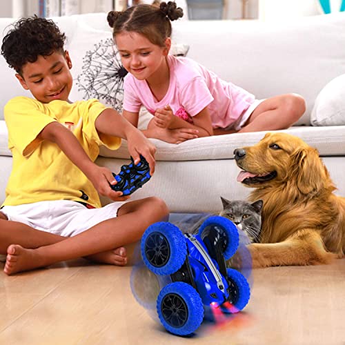 Zyerch RC Car, 4 Wheel Drive Stunt Car Toy for Kids, Hobby RC Crawlers, Double Sided Rotating 360°Remote Control Car, Dual-Color Headlights Blue/Red/Green,K-03B