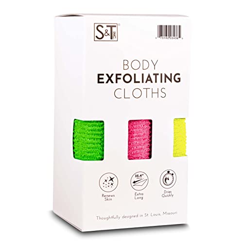 S&T INC Exfoliating Body Scrubber, Back Scrubber for Shower and Exfoliating Cloth, 11.8 Inch x 35.4 Inch, Assorted, 3 Pack