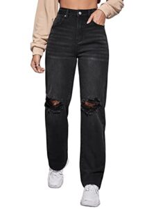 sweatyrocks women's high waist ripped jeans distressed raw hem denim pants solid black m