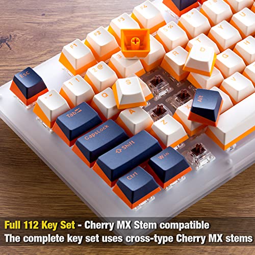 GUNMJO PBT Doubleshot Keycaps for Gaming Keyboard with Cherry MX Switches, OEM Profile 112 Keys with 6.25U Space Bar, Bevel Cut Keycaps for Mechanical Keyboard, White/Blue with Orange Bottom