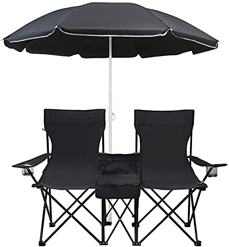 LEADALLWAY Double Camping Chair with Parasol Portable Folding Lawn Chair Support 256 LBS,19''x19''Each seat