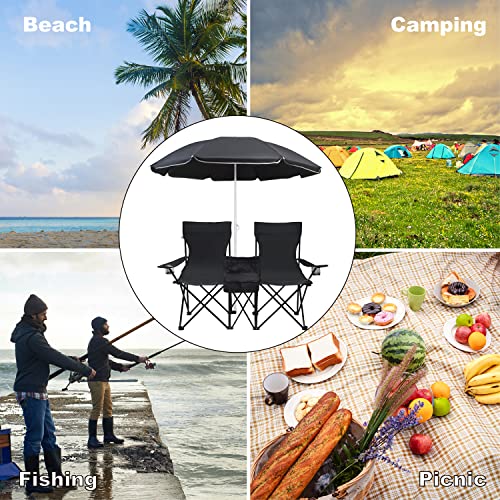 LEADALLWAY Double Camping Chair with Parasol Portable Folding Lawn Chair Support 256 LBS,19''x19''Each seat