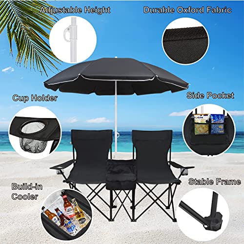 LEADALLWAY Double Camping Chair with Parasol Portable Folding Lawn Chair Support 256 LBS,19''x19''Each seat