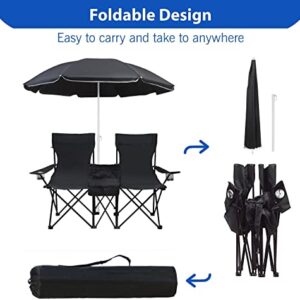 LEADALLWAY Double Camping Chair with Parasol Portable Folding Lawn Chair Support 256 LBS,19''x19''Each seat