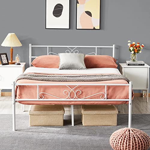 Yaheetech Classic Metal Platform Bed Frame with Headboard and Footboard Flower Design Mattress Foundation Easy Set Up Structure Full Size White