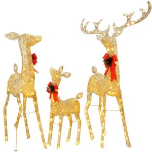 YULETIME 3-Piece Pre-lit 3D Christmas Reindeer Family, Lighted Glitter Christmas Deer Family Holiday Decoration with 210 Warm White LED Lights (3D Family)